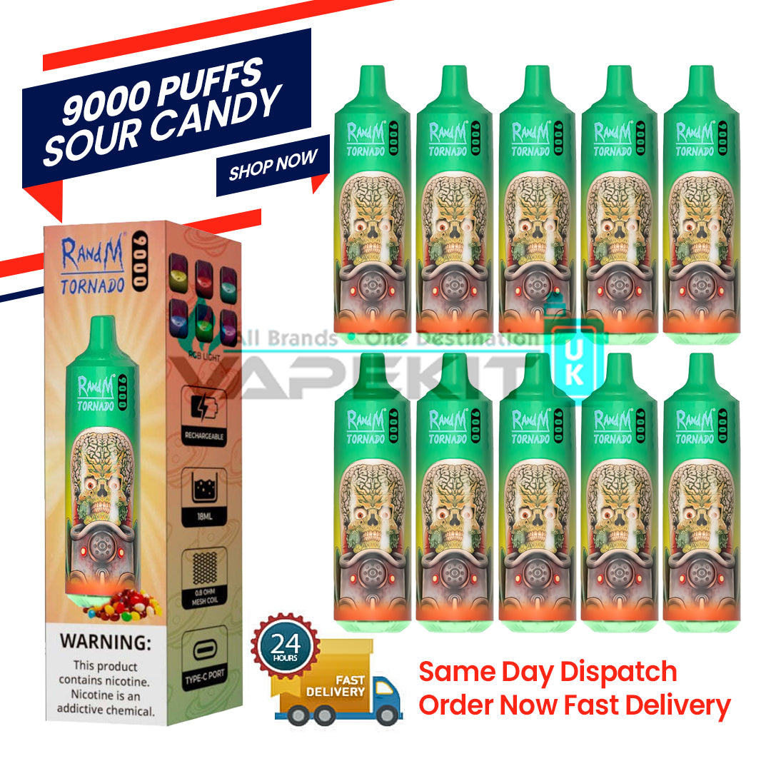 Sour Candy Randm Tornado 9000 Puff Bar Pack of 10-£73.95 Sour Candy Randm Tornado 9000 Puff Bar Pack of 10-£73.95